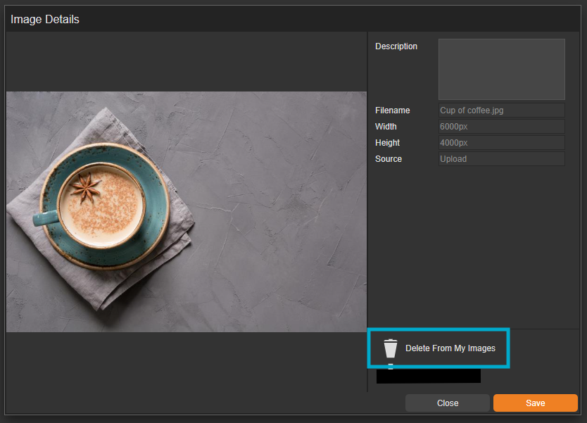 How do I delete an image from my inventory?